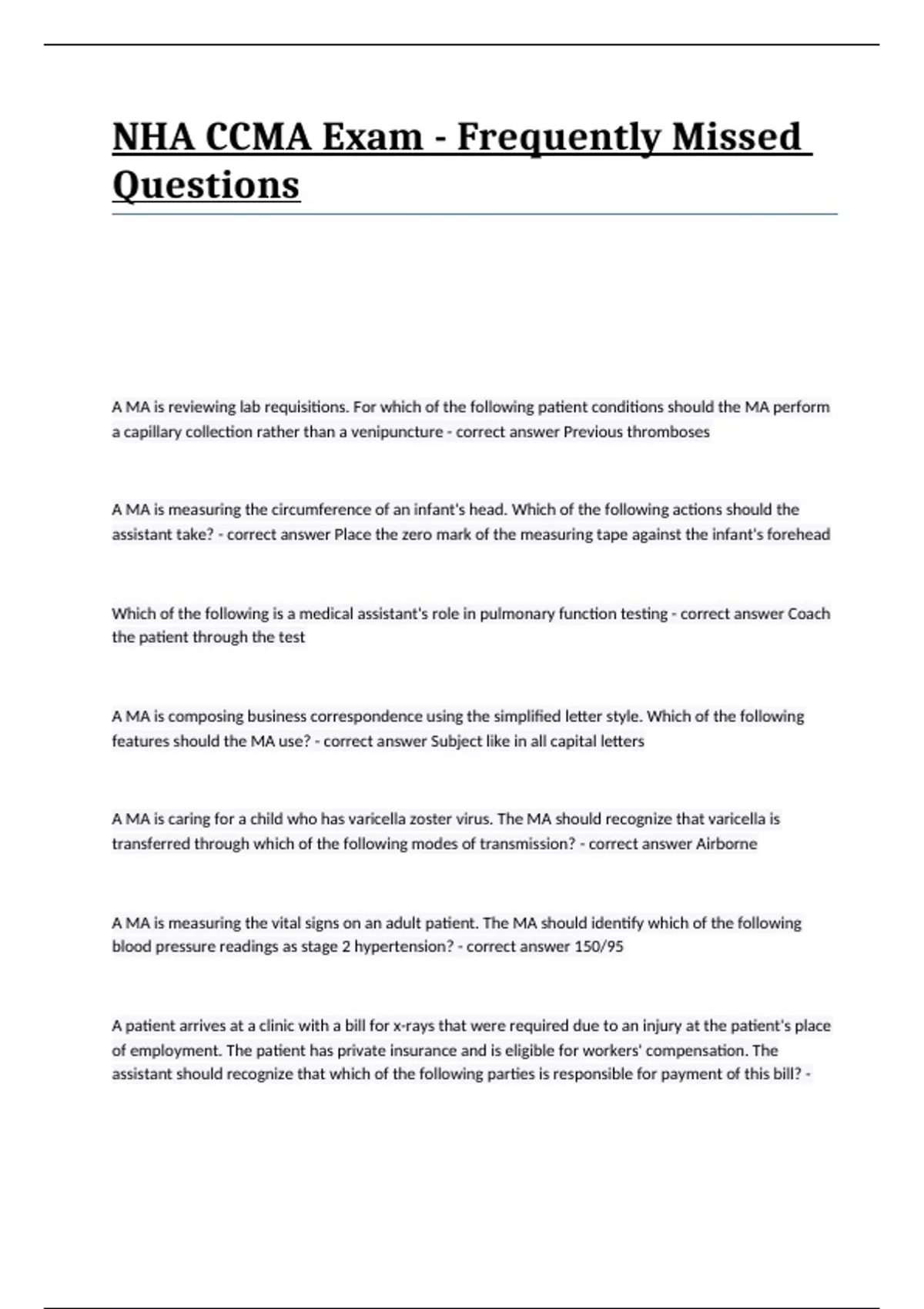 NHA CCMA Exam - Frequently Missed Questions with correct answers - CCMA ...