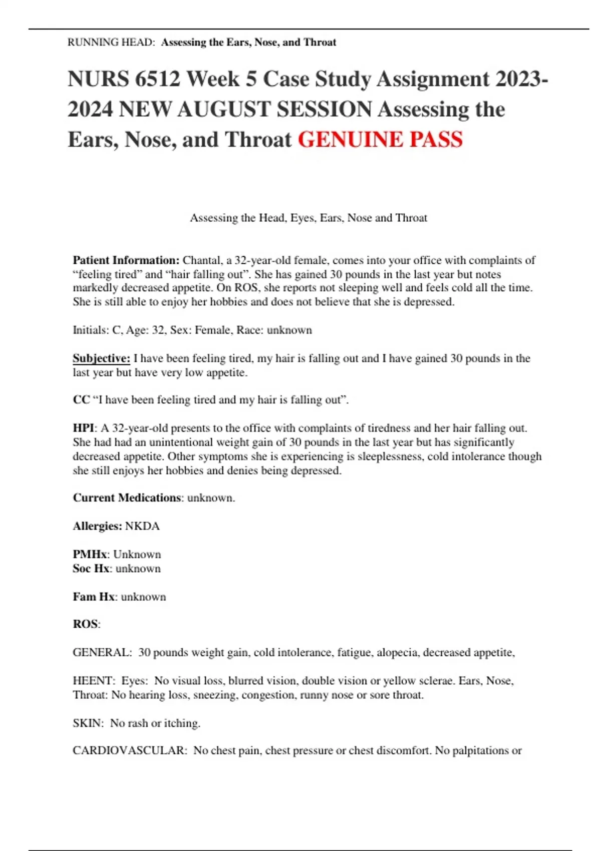 NURS 6512 Week 5 Case Study Assignment NEW AUGUST SESSION Assessing the Ears, Nose, and Throat ...