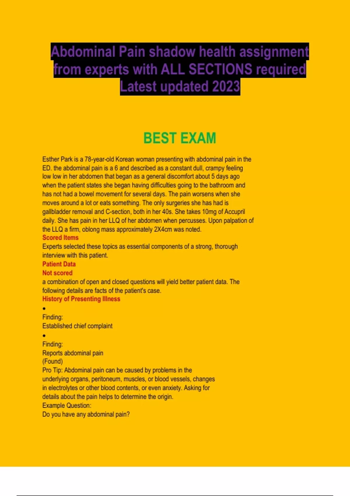 Abdominal Pain shadow health assignment from experts with ALL SECTIONS ...