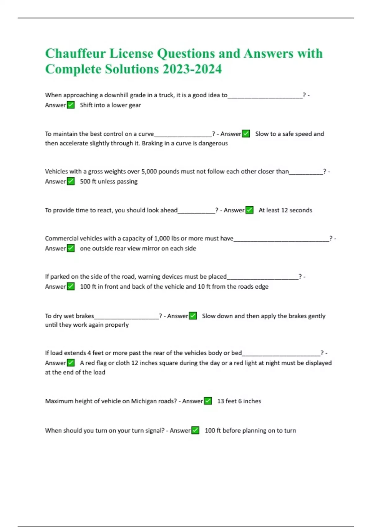 Chauffeur License Questions and Answers with Complete Solutions ...