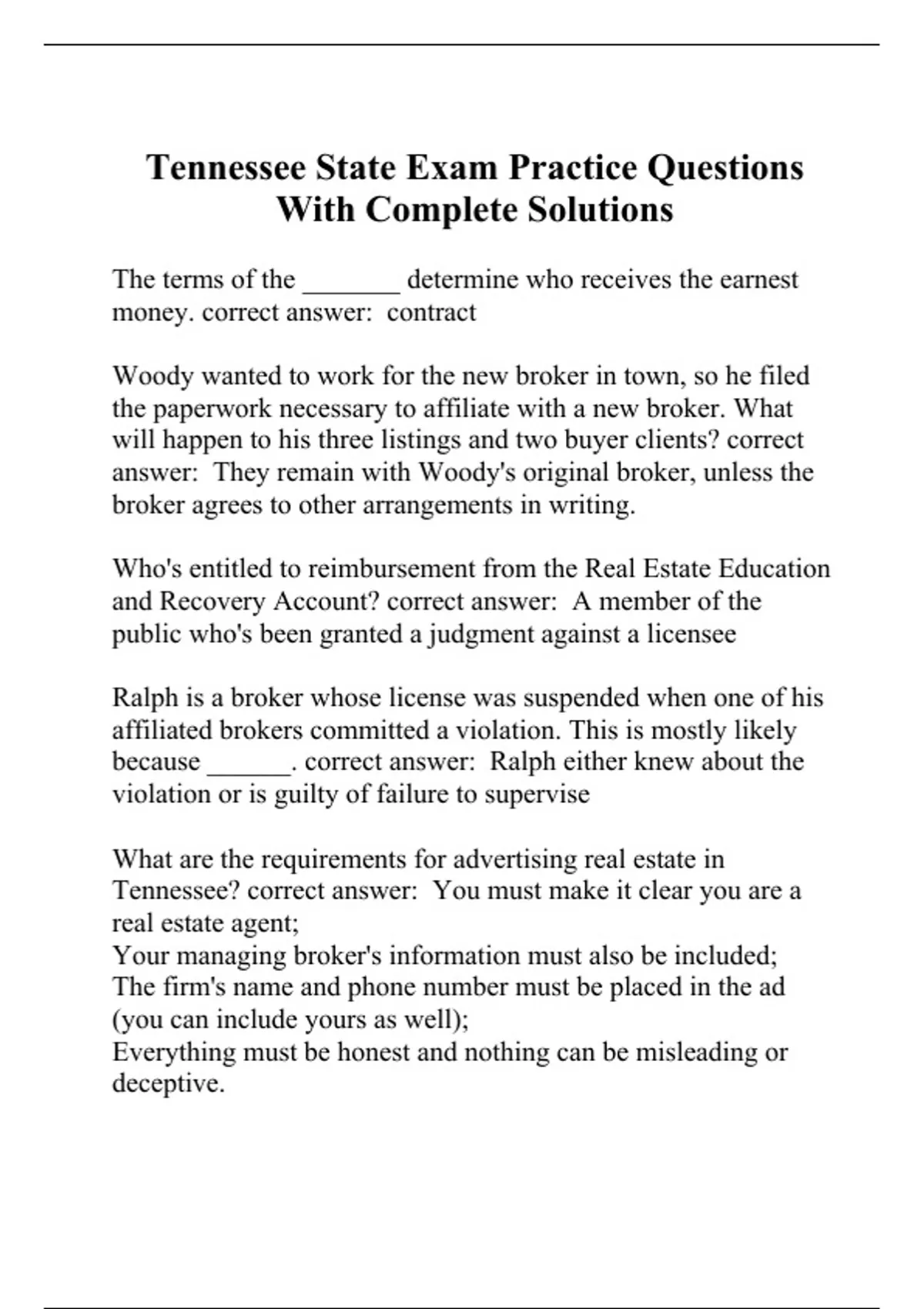 Tennessee State Exam Practice Questions With Complete Solutions - Real ...