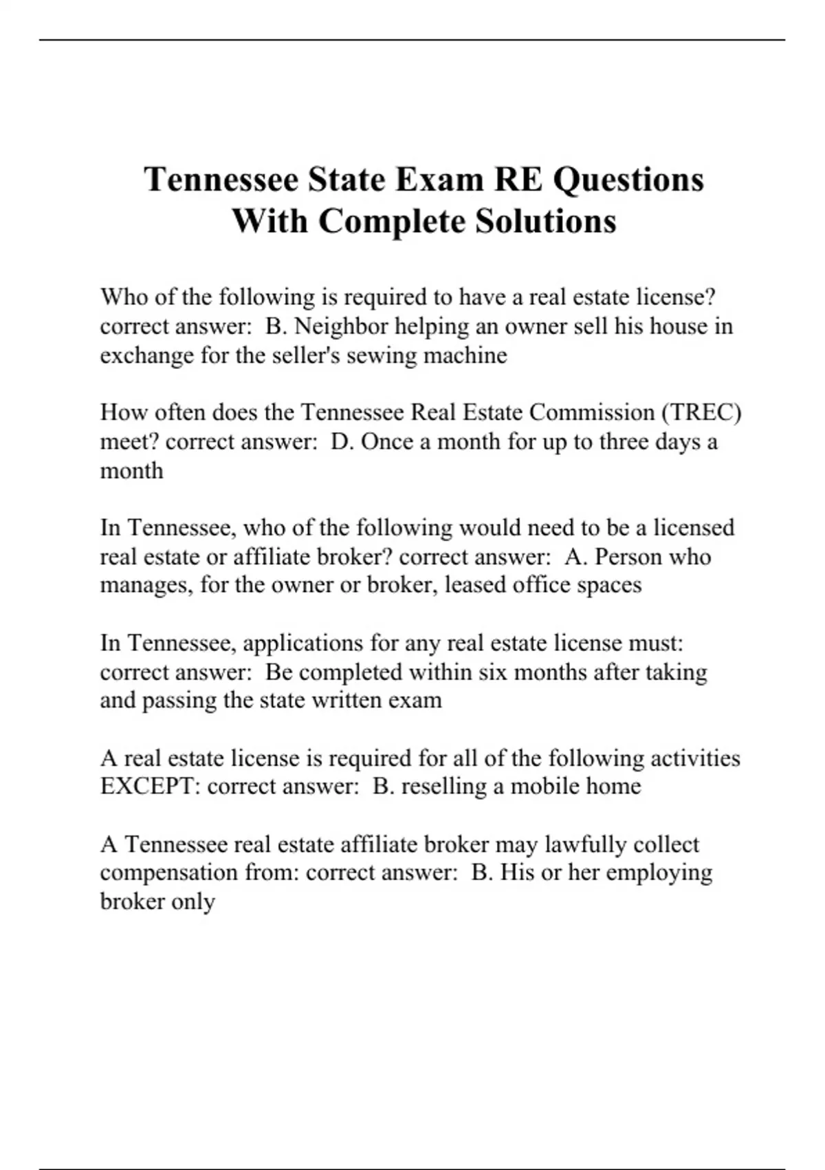 Tennessee State Exam RE Questions With Complete Solutions - Real Estate ...