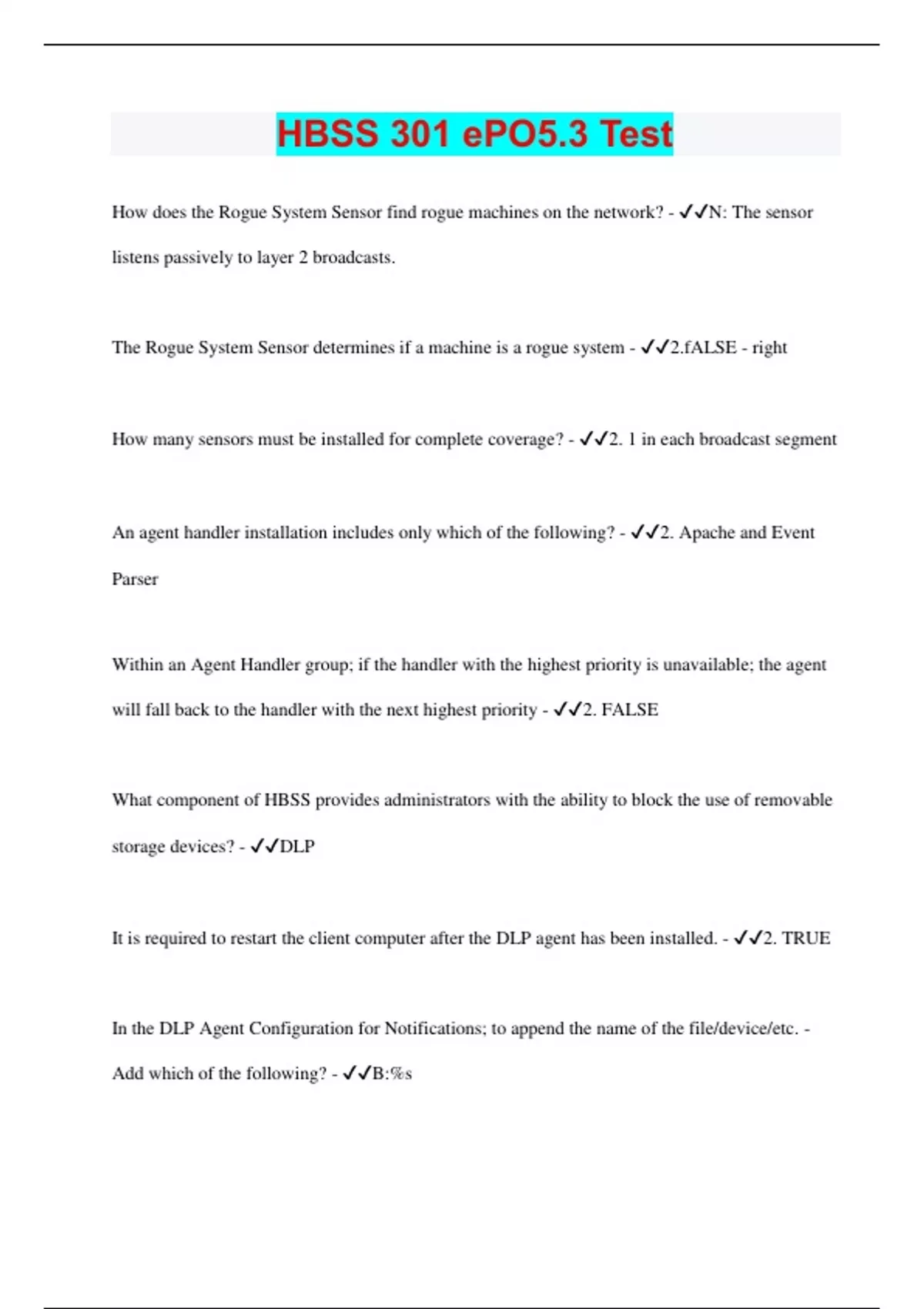 HBSS 301 ePO5.3 Test | 2023 | Questions with 100% Correct Answers ...