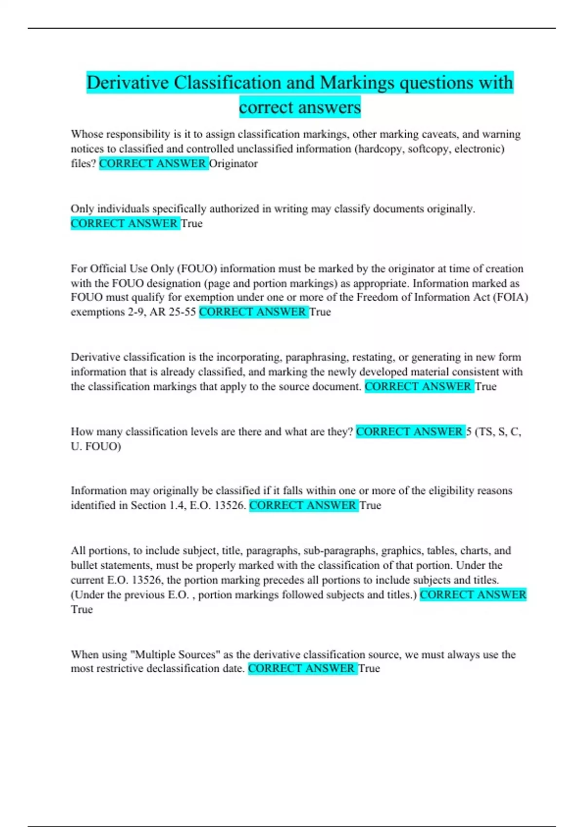 Derivative Classification And Markings Questions With Correct Answers Derivative