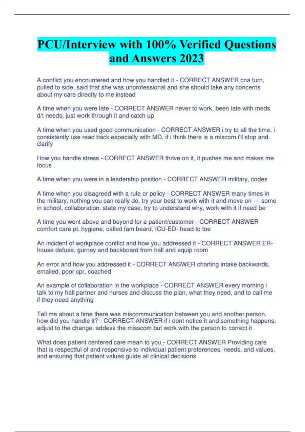 PCU/Interview with 100% Verified Questions and Answers 2023 ...