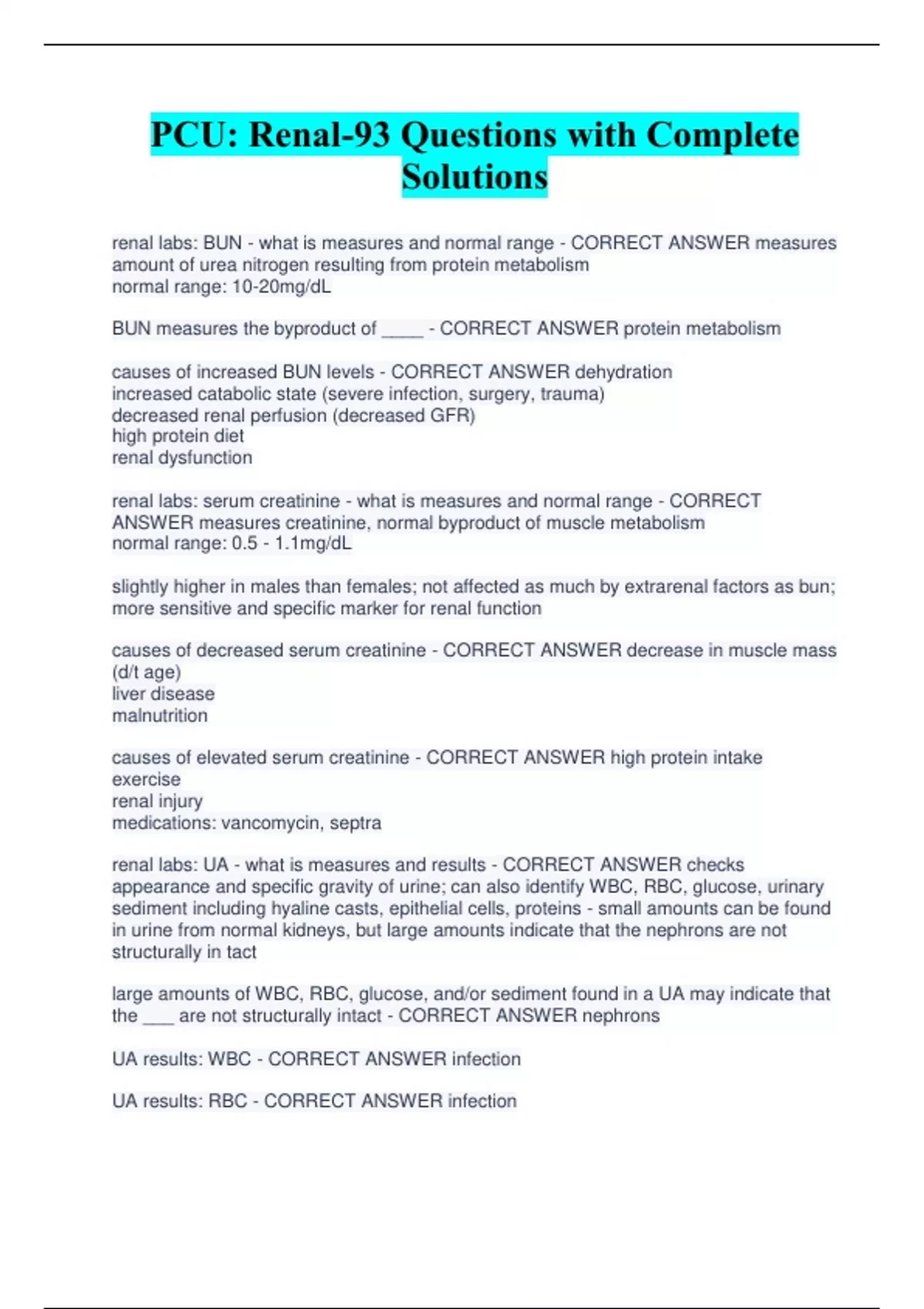 PCU: Renal-93 Questions with Complete Solutions - Progressive Care Unit ...