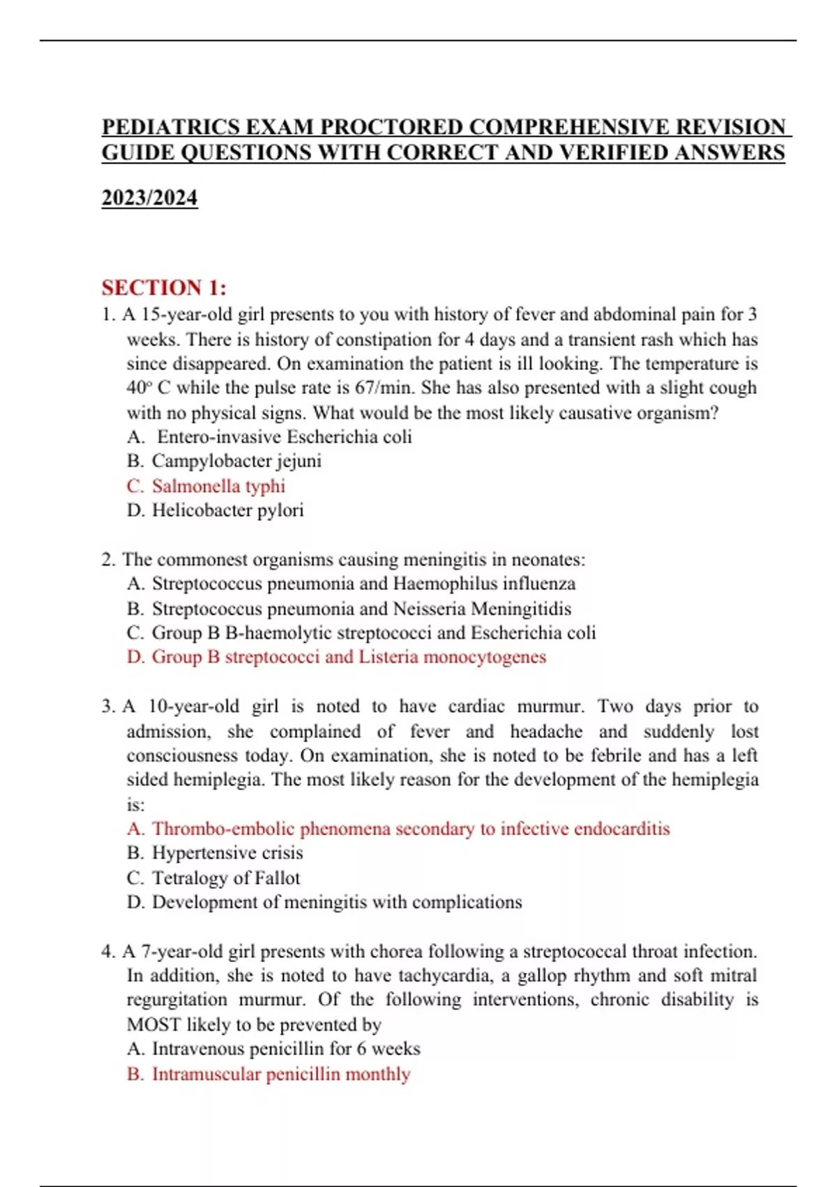 PEDIATRICS EXAM PROCTORED COMPREHENSIVE REVISION GUIDE QUESTIONS WITH ...