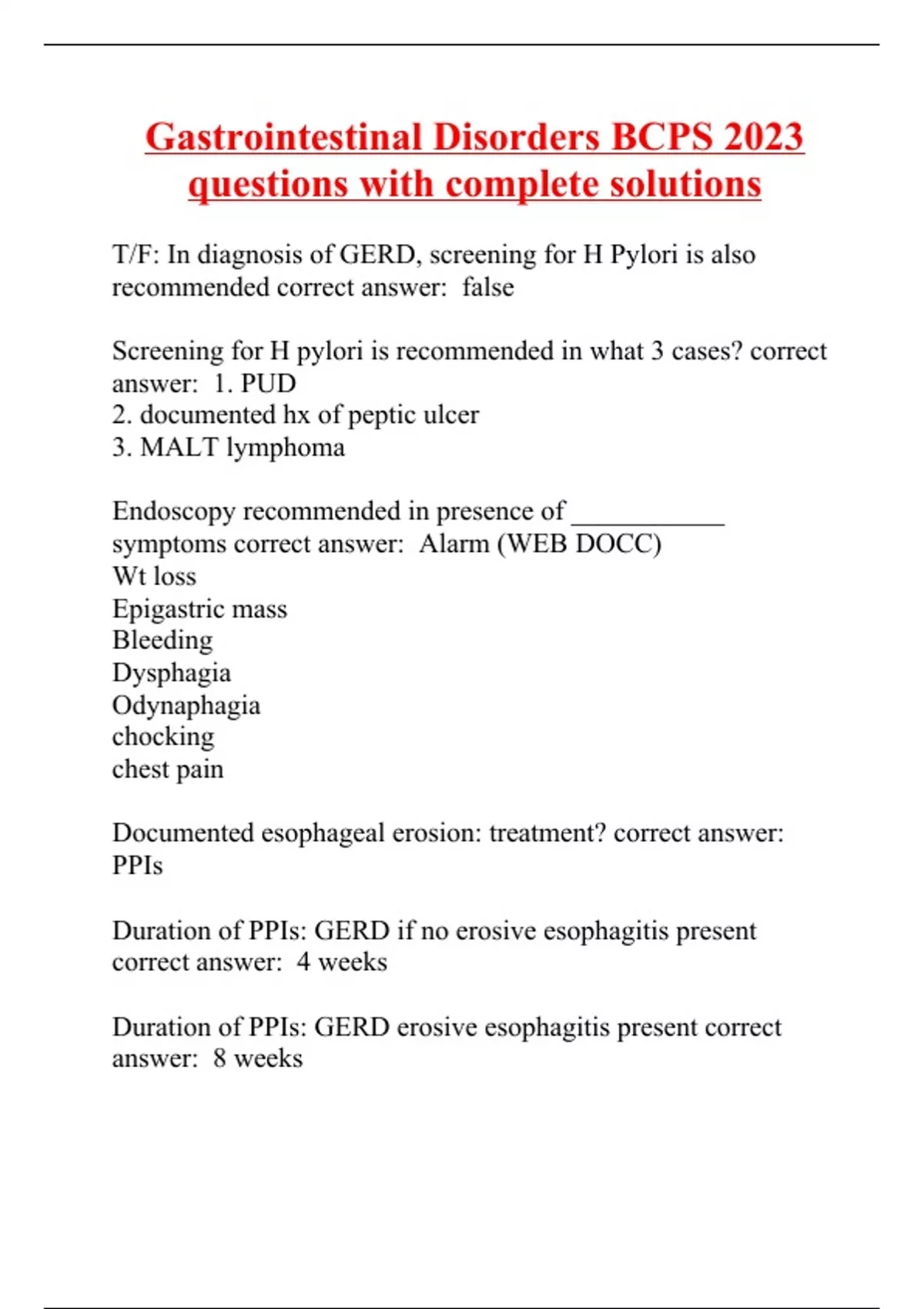 Gastrointestinal Disorders BCPS 2023 questions with complete solutions ...