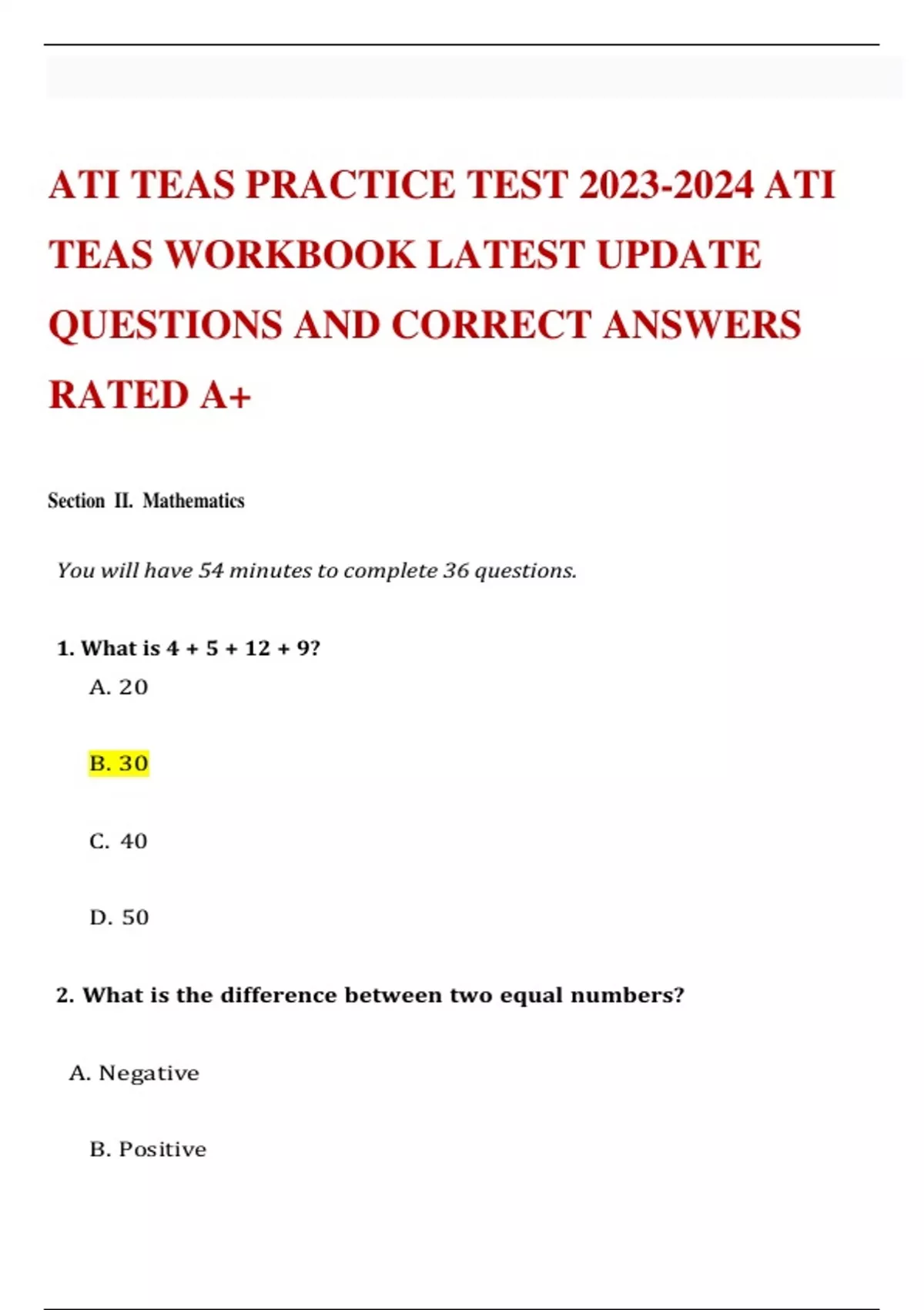 ATI TEAS PRACTICE TEST ATI TEAS WORKBOOK LATEST UPDATE QUESTIONS AND ...