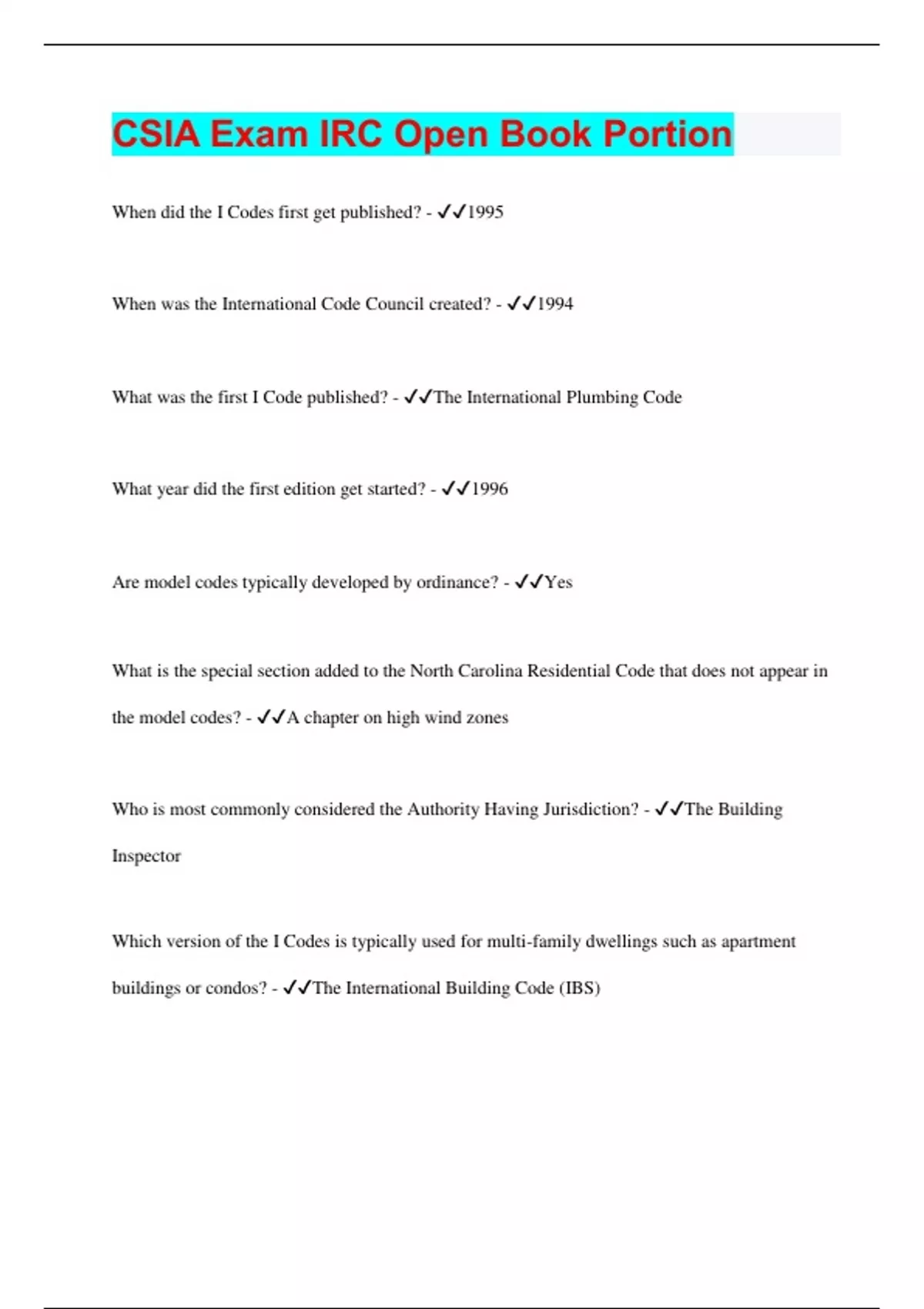 CSIA Exam IRC Open Book Portion | 2023 | Questions with 100% Correct ...
