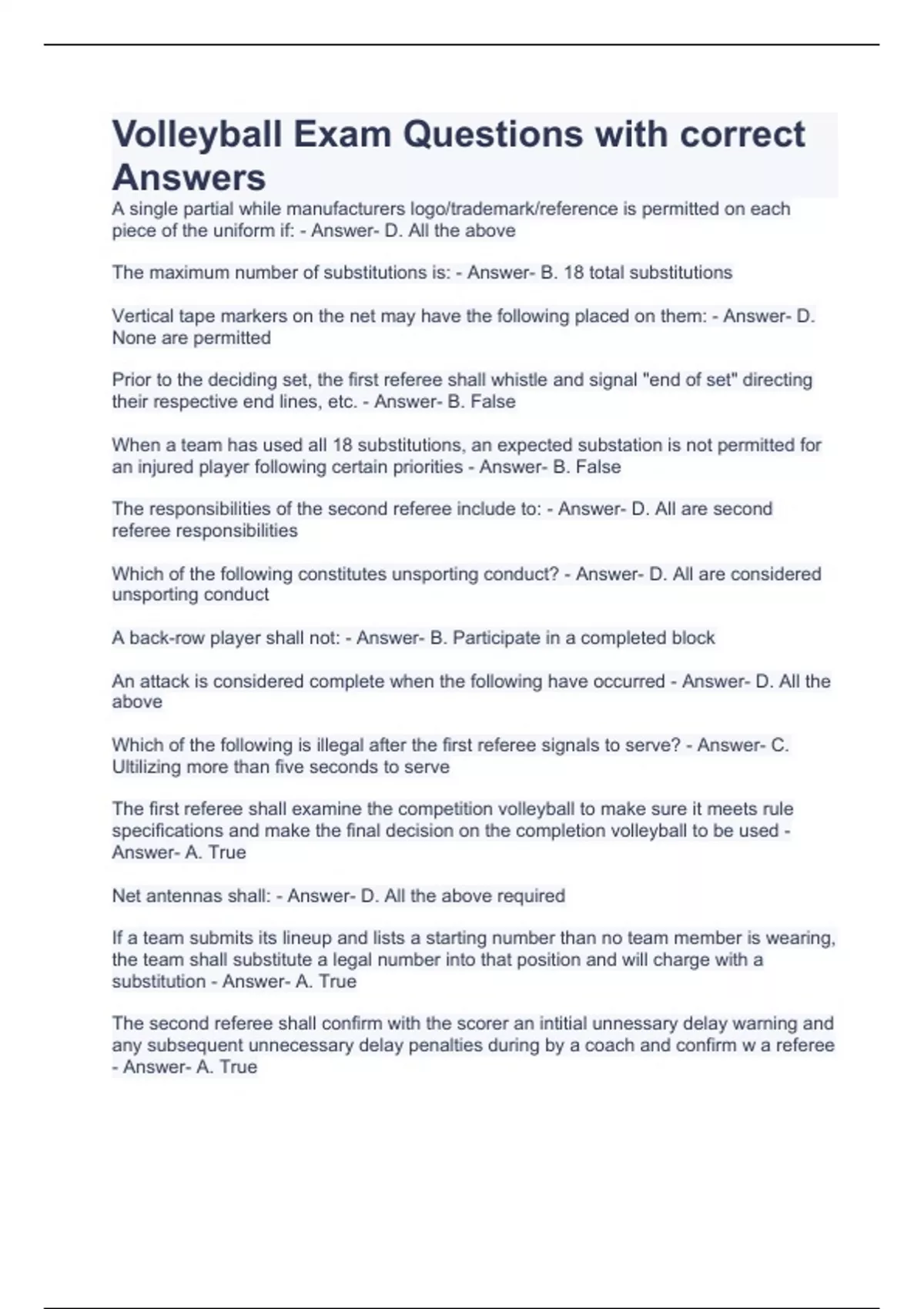 Volleyball Exam Questions with correct Answers - Volleyball - Stuvia US