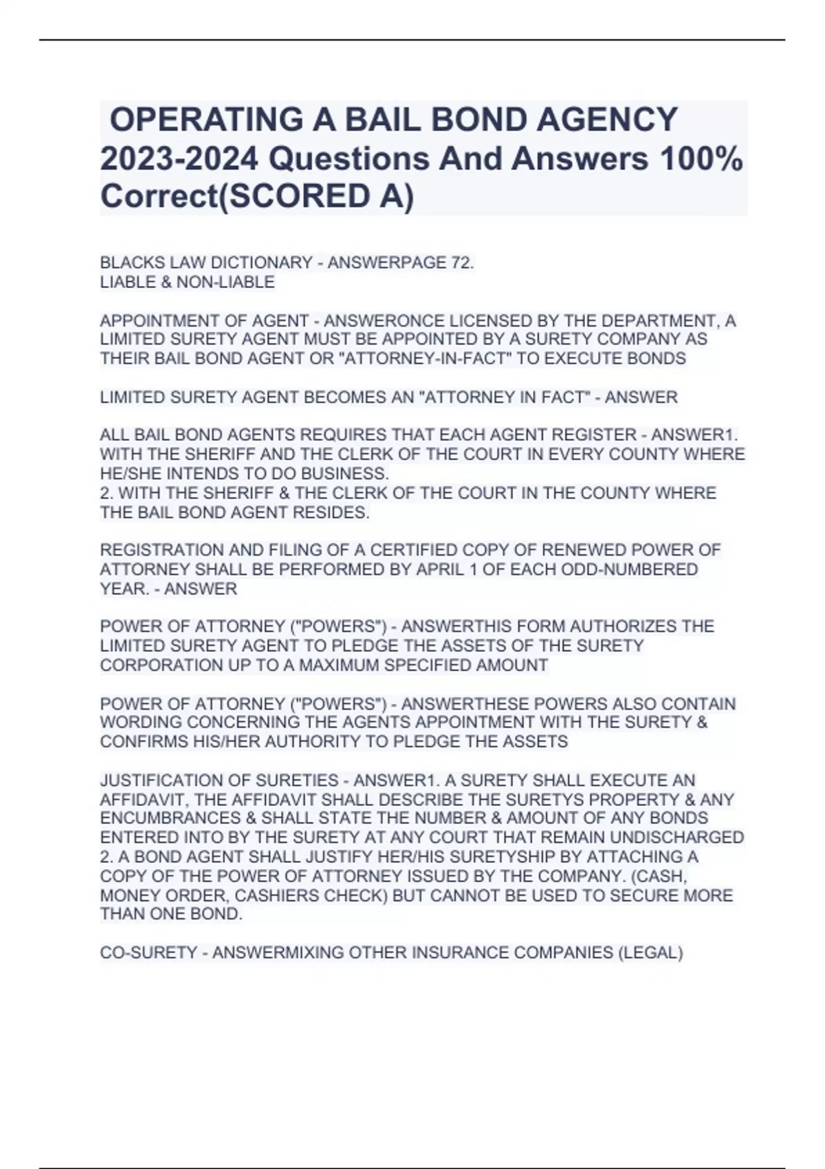 OPERATING A BAIL BOND AGENCY Questions And Answers 100% Correct(SCORED ...
