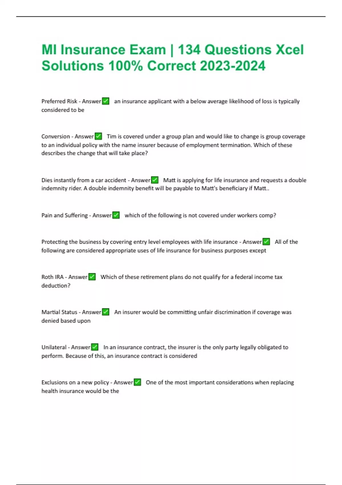 MI Insurance Exam | 134 Questions Xcel Solutions 100% Correct ...