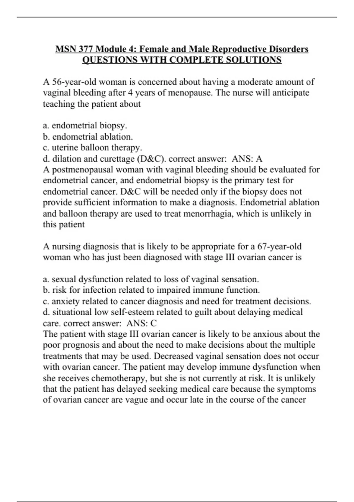 MSN 377 Module 4: Female and Male Reproductive Disorders QUESTIONS WITH COMPLETE SOLUTIONS - MSN ...