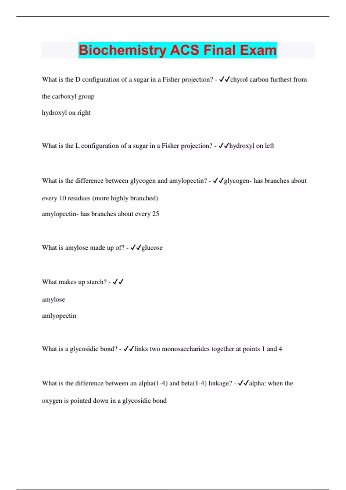 Biochemistry ACS Final Exam | 2023 | 60 Questions with 100% Correct ...