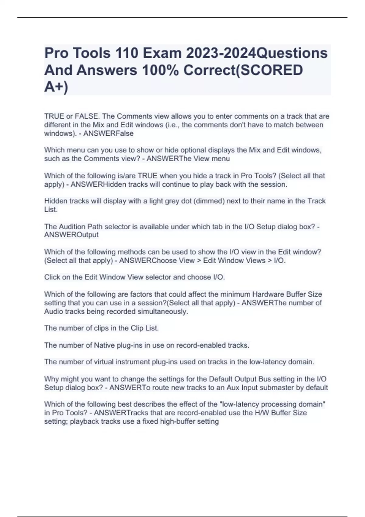 Pro Tools 110 Exam Questions And Answers 100% Correct(SCORED A+) - Pro ...