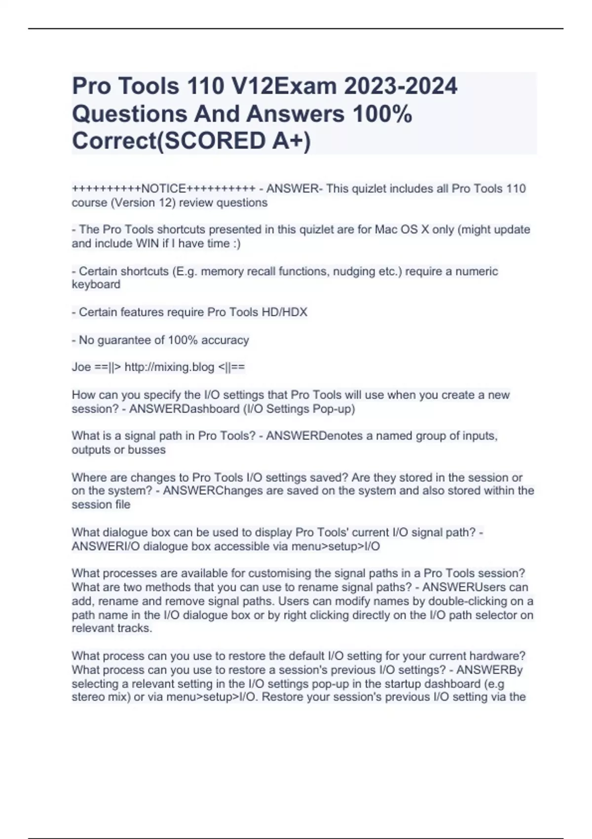 Pro Tools 110 V12Exam Questions And Answers 100% Correct(SCORED A+ ...