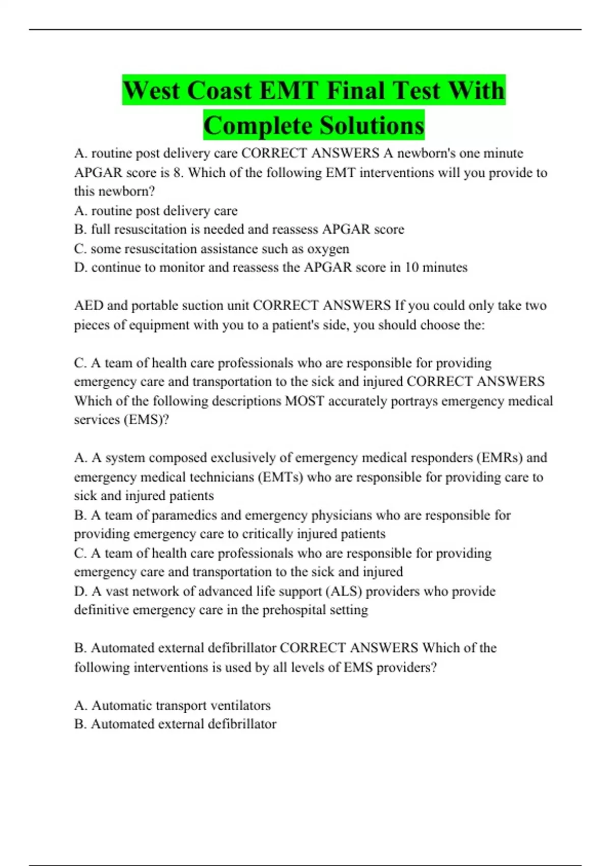 West Coast EMT Final Test With Complete Solutions - West Coast EMT ...
