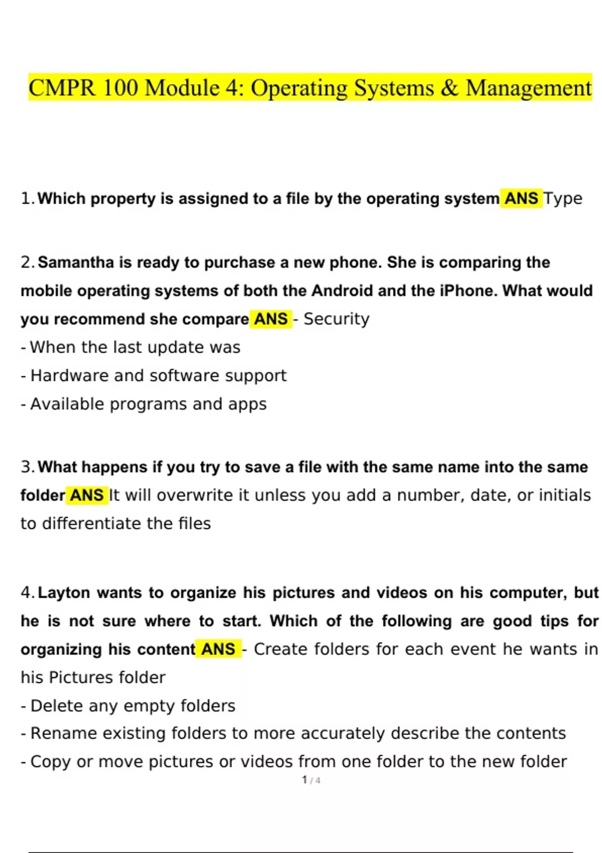 CMPR 100 Module 4: Operating Systems & Management Questions and Answers ...