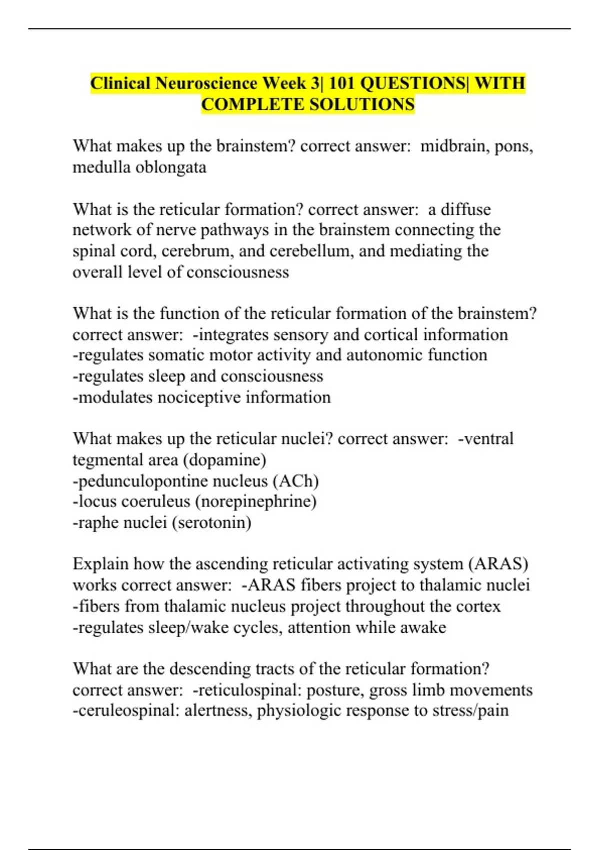 Clinical Neuroscience Week 3| 101 QUESTIONS| WITH COMPLETE SOLUTIONS ...