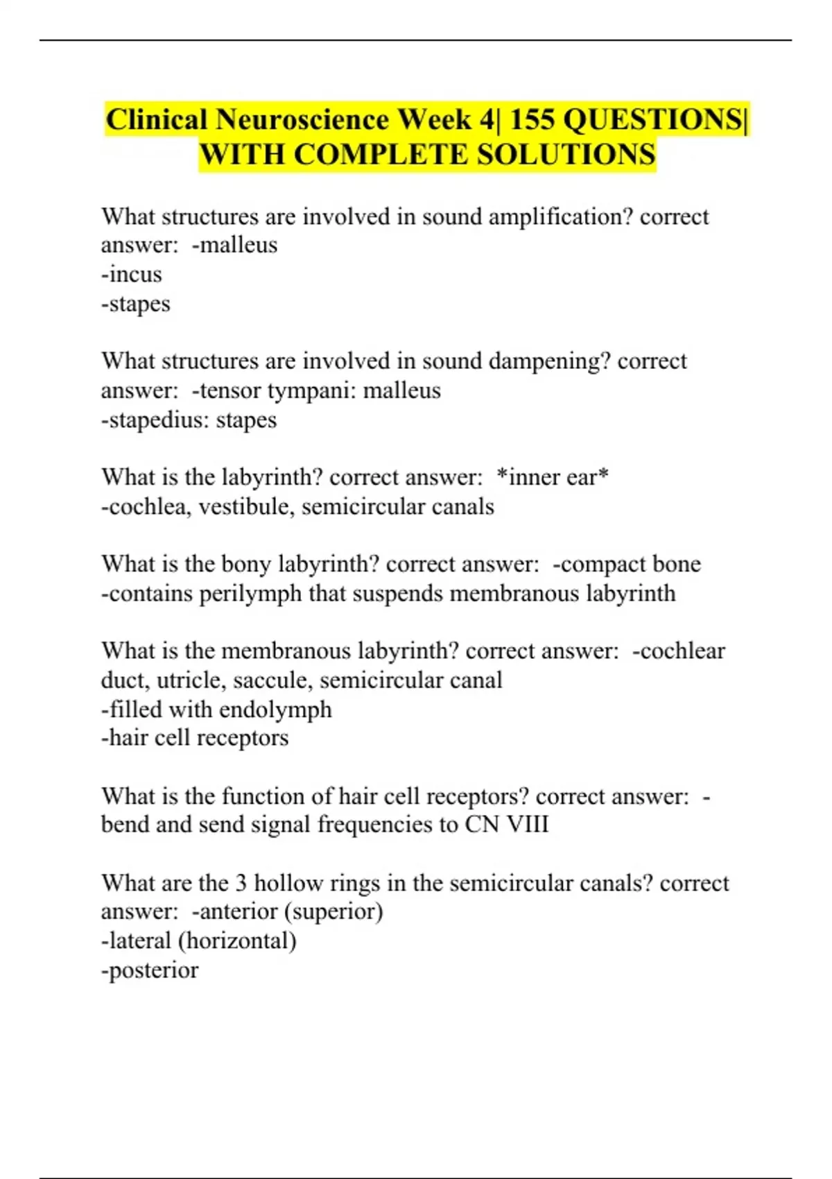 Clinical Neuroscience Week 4| 155 QUESTIONS| WITH COMPLETE SOLUTIONS ...