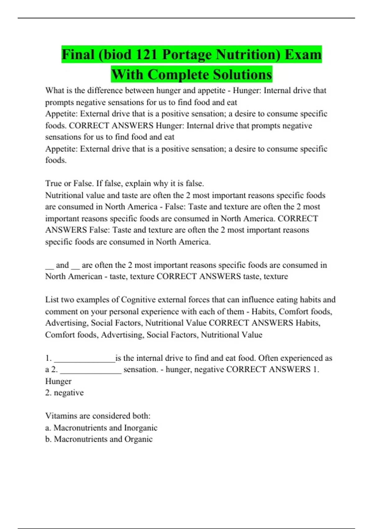 Final (biod 121 Portage Nutrition) Exam With Complete Solutions ...
