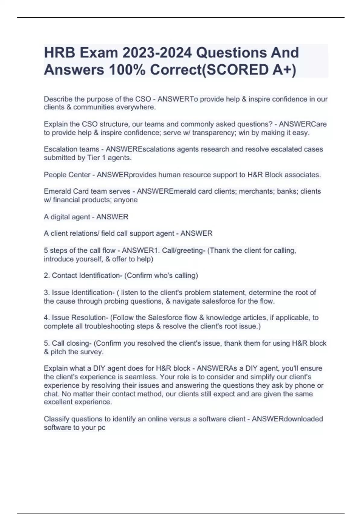 HRB Exam Questions And Answers 100% Correct(SCORED A+) - HRB - Stuvia US