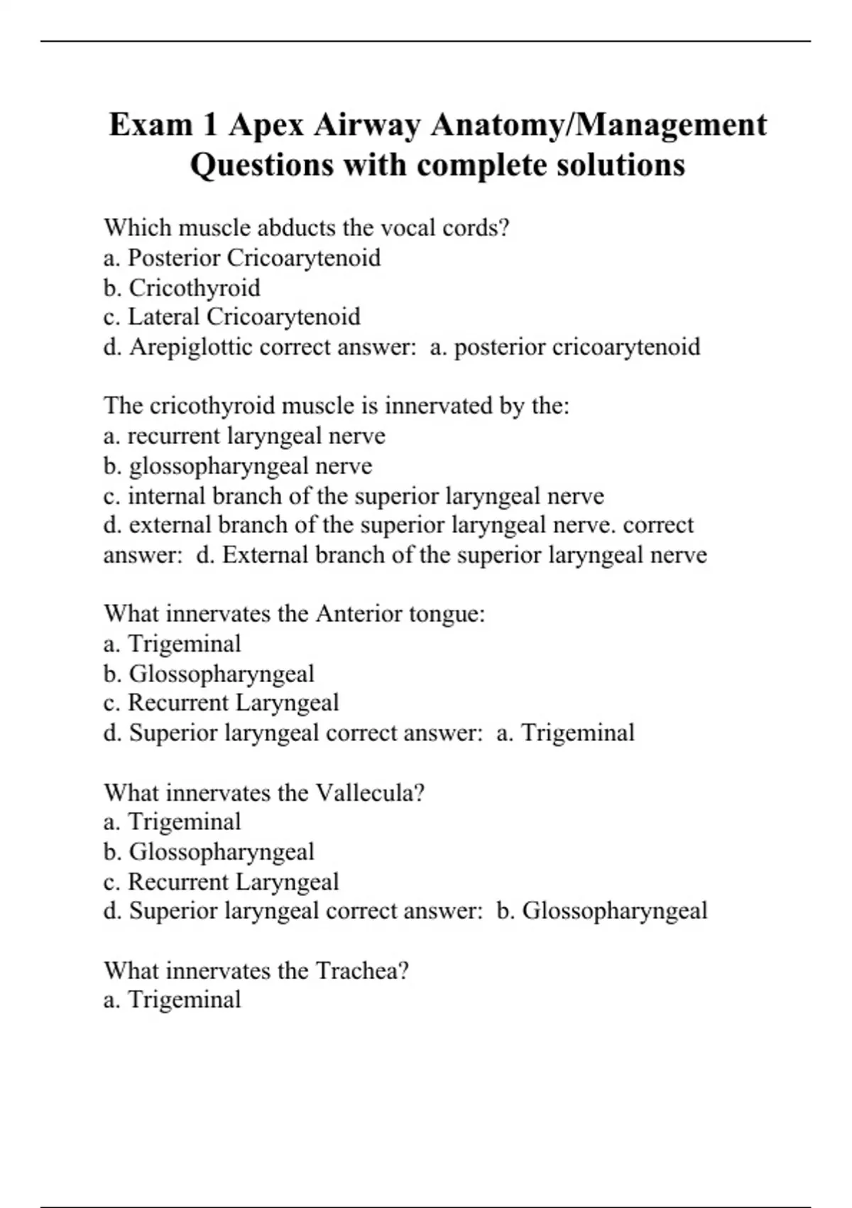 Exam 1 Apex Airway Anatomy/Management Questions with complete solutions ...