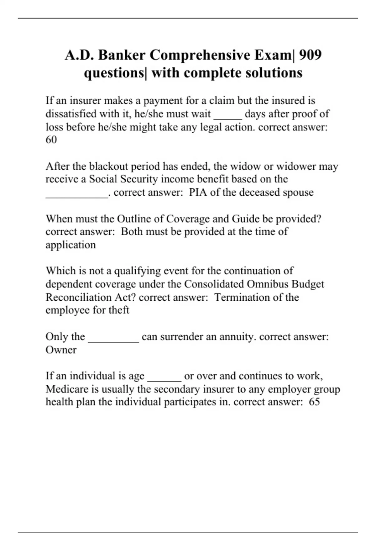 A.D. Banker Comprehensive Exam| 909 questions| with complete solutions ...