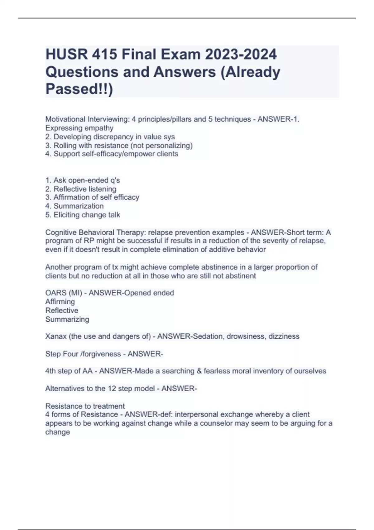 HUSR 415 Final Exam Questions and Answers (Already Passed!!) - HUSR 415 - Stuvia US