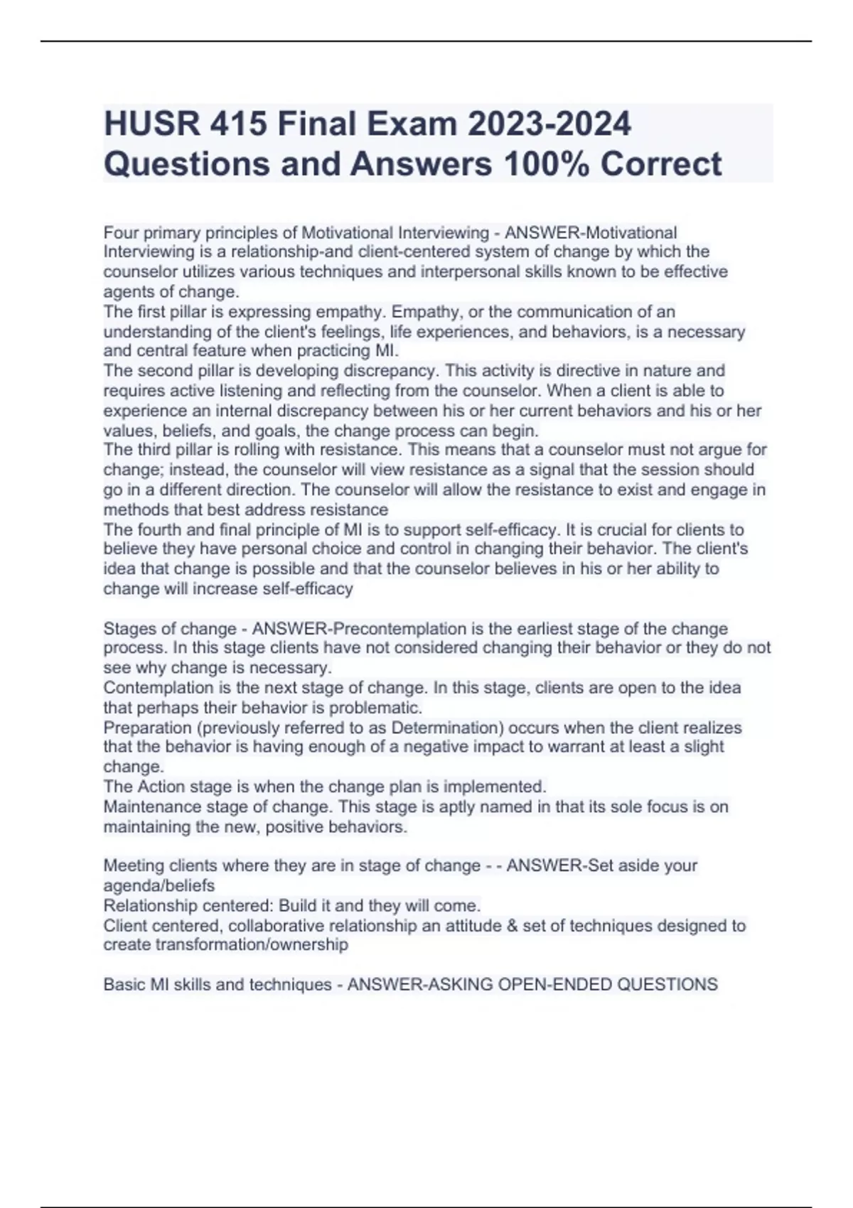 HUSR 415 Final Exam Questions and Answers 100% Correct - HUSR 415 - Stuvia US