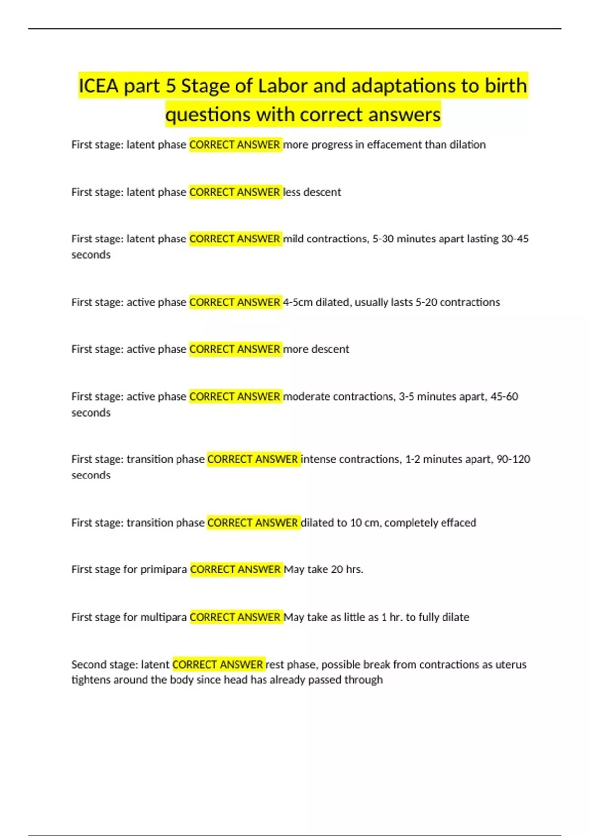 ICEA part 5 Stage of Labor and adaptations to birth questions with ...