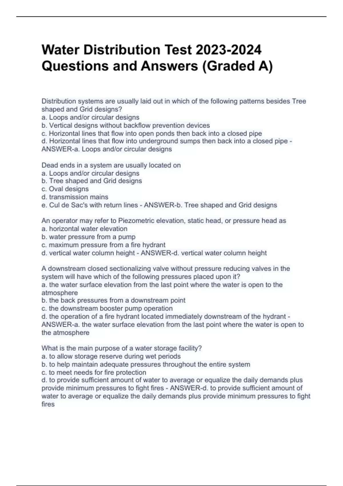 Water Distribution Test Questions and Answers (Graded A) - Water ...