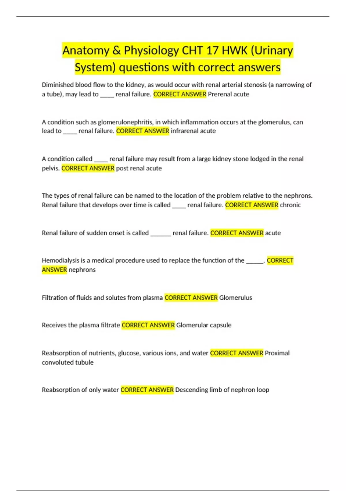 Anatomy & Physiology CHT 17 HWK (Urinary System) questions with correct ...