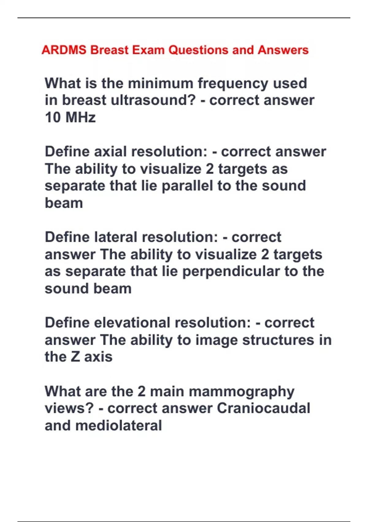 ARDMS Breast Exam Questions and Answers - ARDMS - Stuvia US