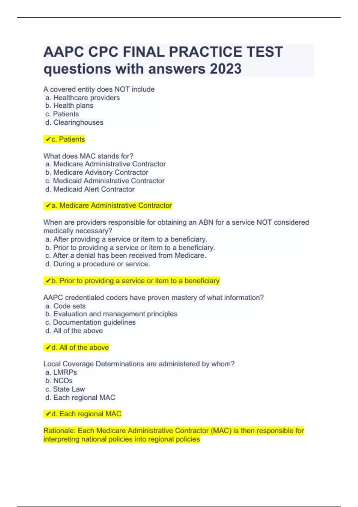 AAPC CPC FINAL PRACTICE TEST questions with answers 2023 - AAPC CPC ...