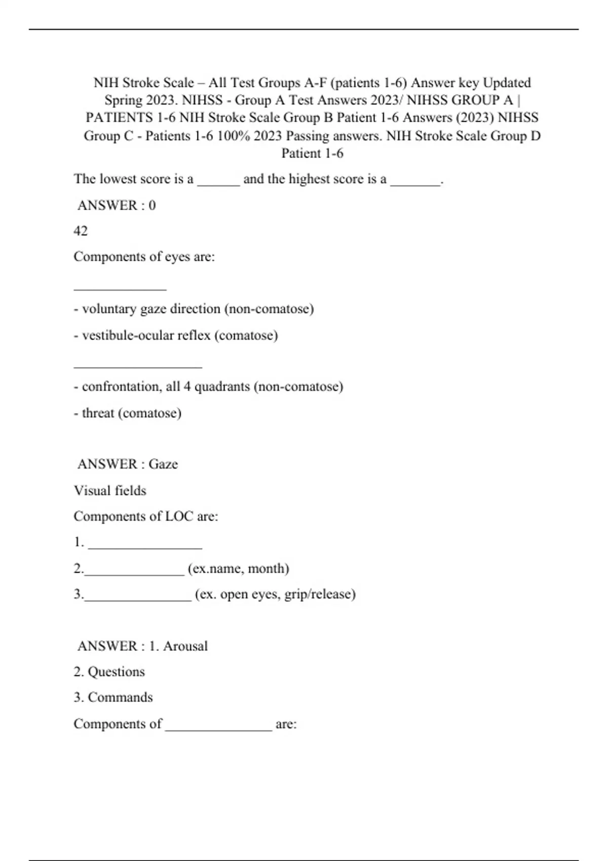NIH Stroke Scale – All Test Groups A-F (patients 1-6) Answer key ...