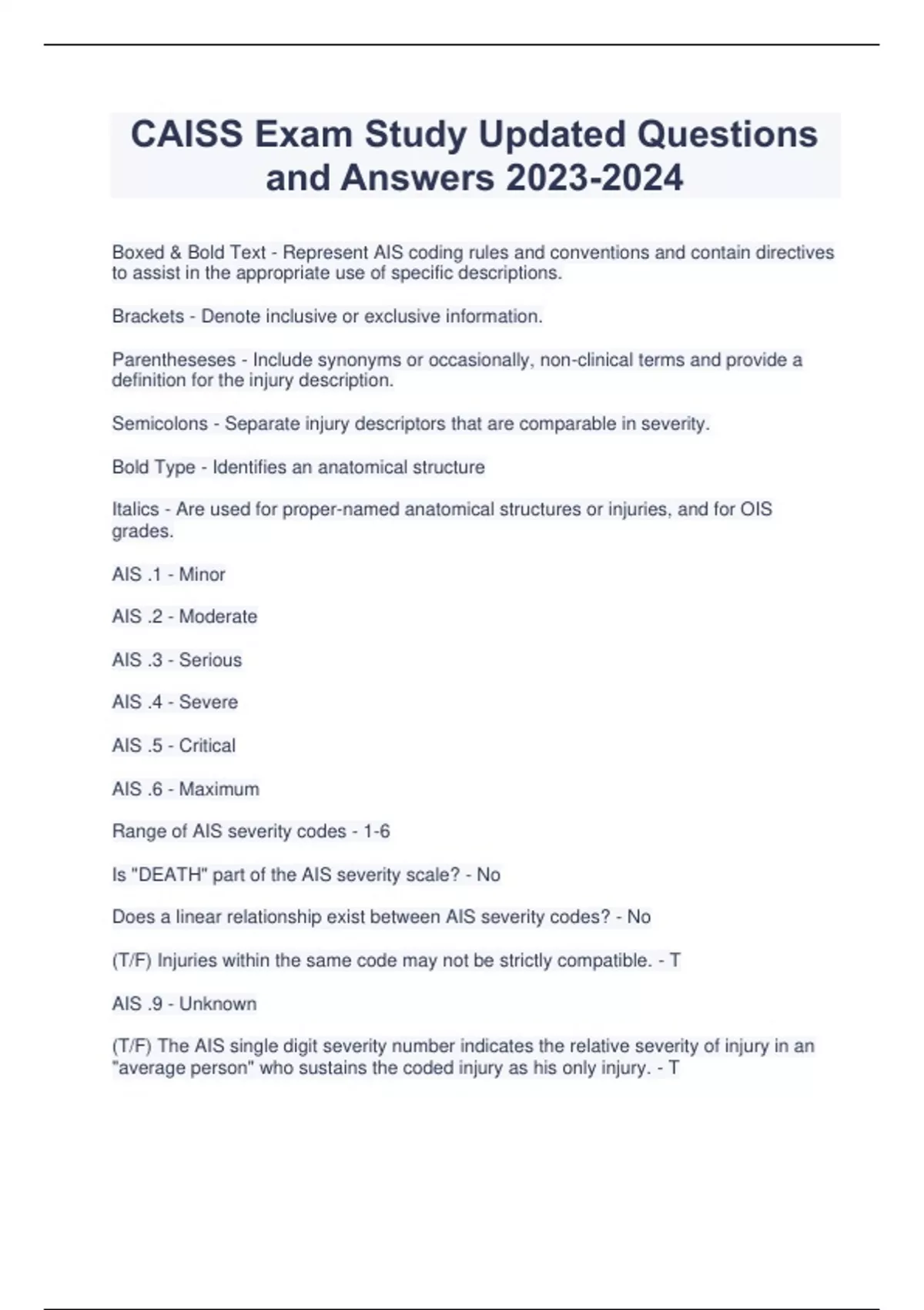 CAISS Exam Study Updated Questions and Answers - CAISS - Stuvia US