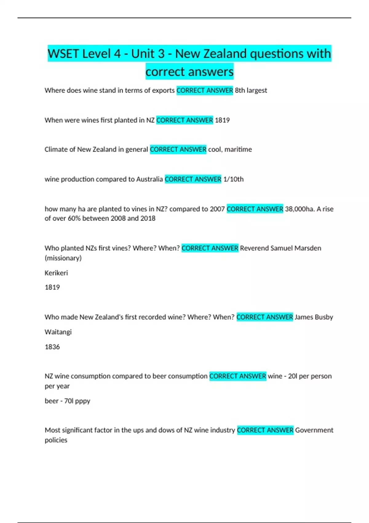 WSET Level 4 - Unit 3 - New Zealand questions with correct answers ...