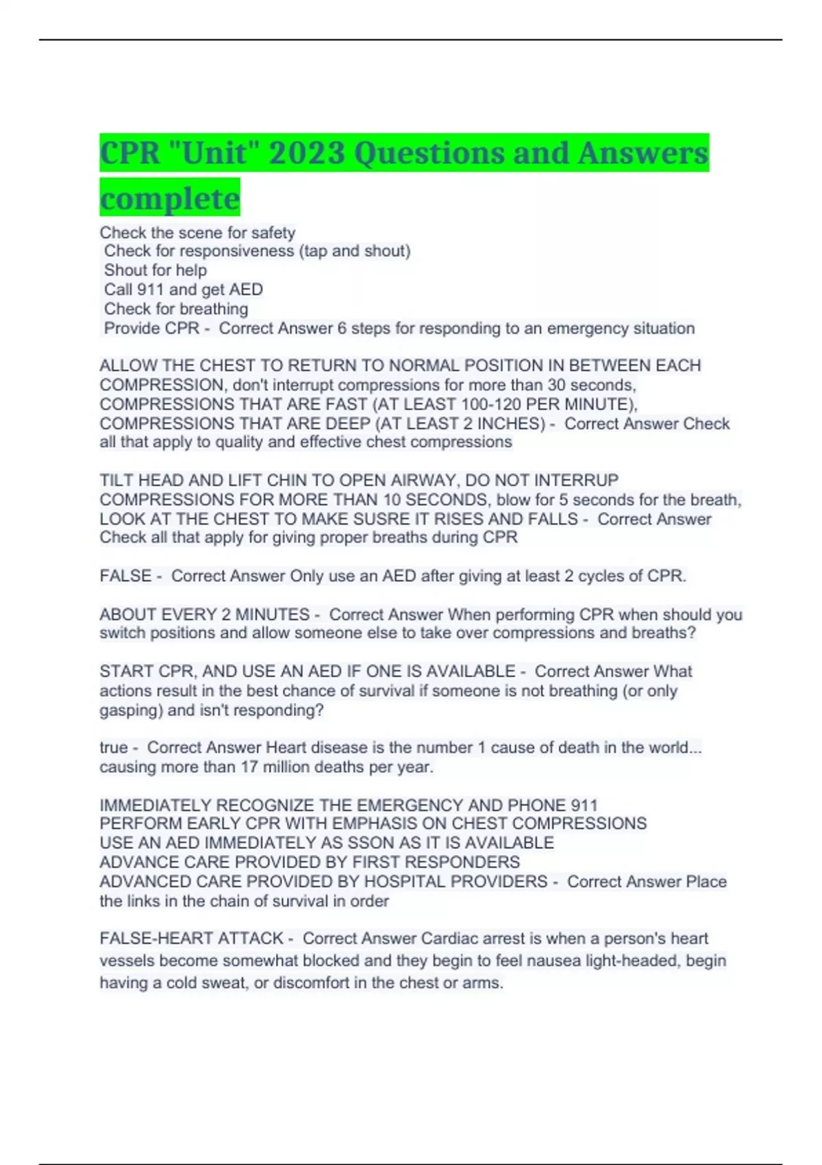 CPR "Unit" 2023 Questions and Answers complete - Cpr - Stuvia US