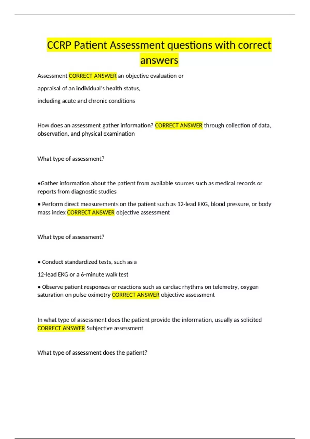 CCRP Patient Assessment questions with correct answers - CCRP - Stuvia US