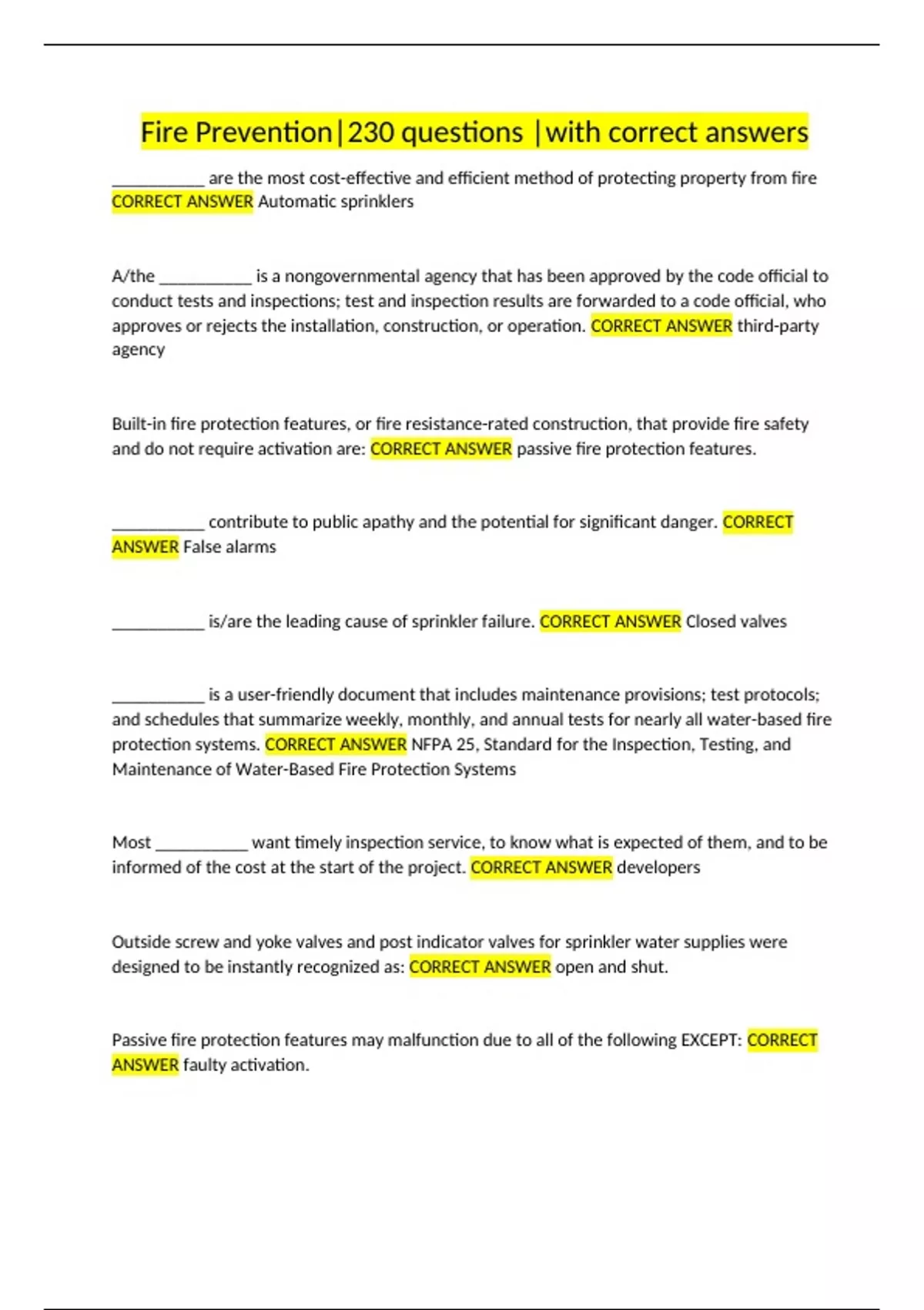 Fire Prevention|230 questions |with correct answers - Fire Prevention ...