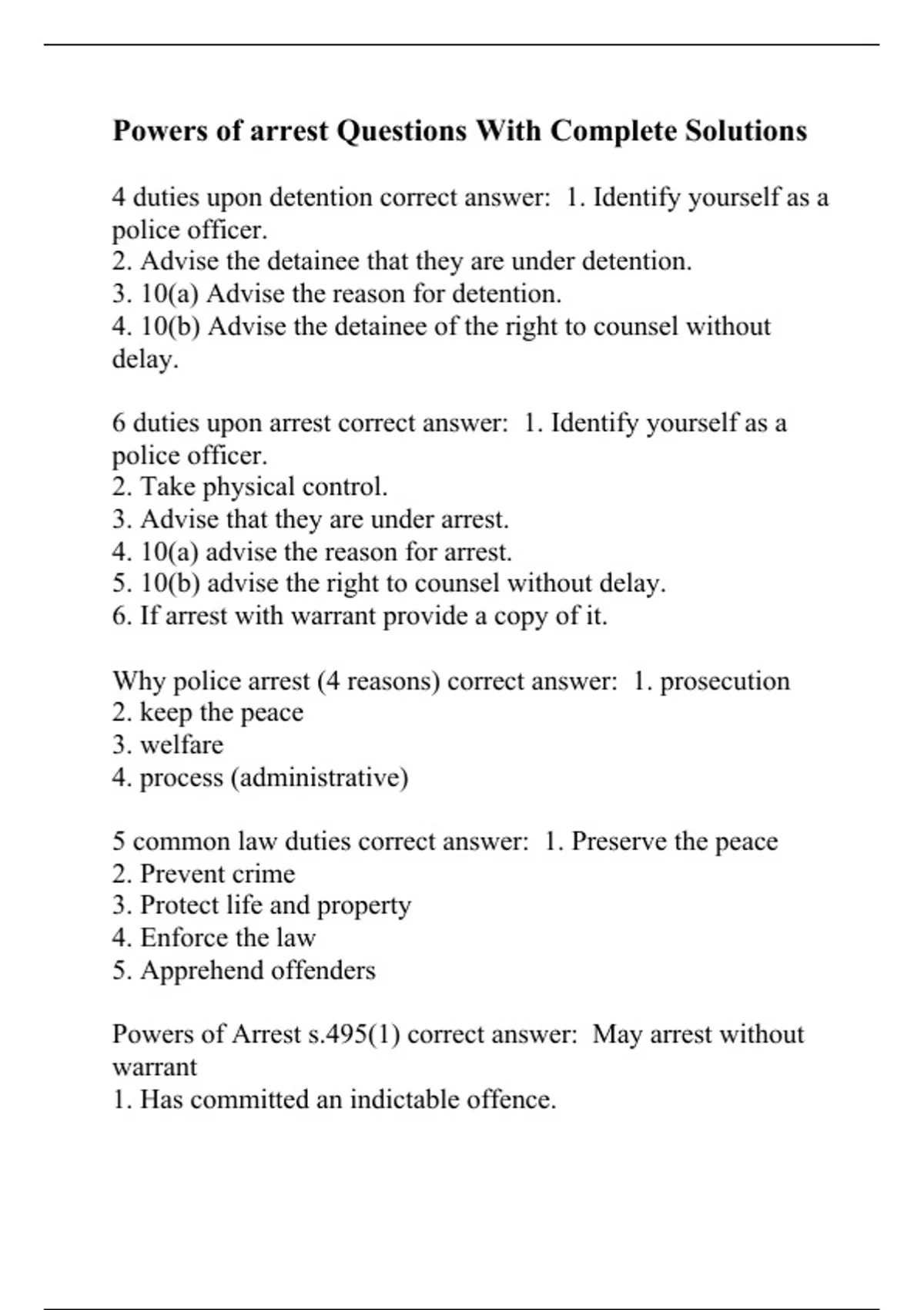 Powers of arrest Questions With Complete Solutions. - POWER OF ARREST ...