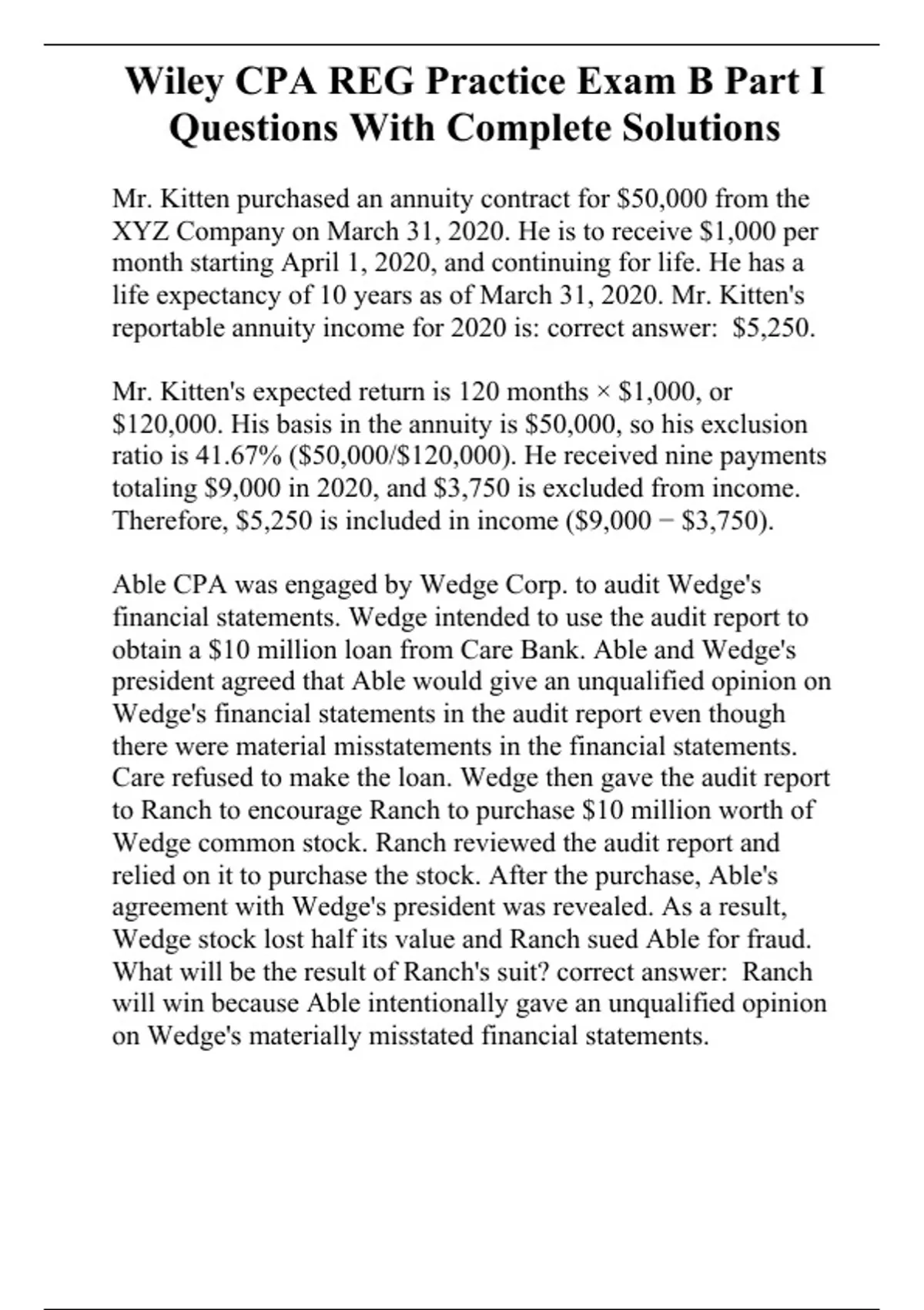 Wiley CPA REG Practice Exam B Part I Questions With Complete Solutions ...