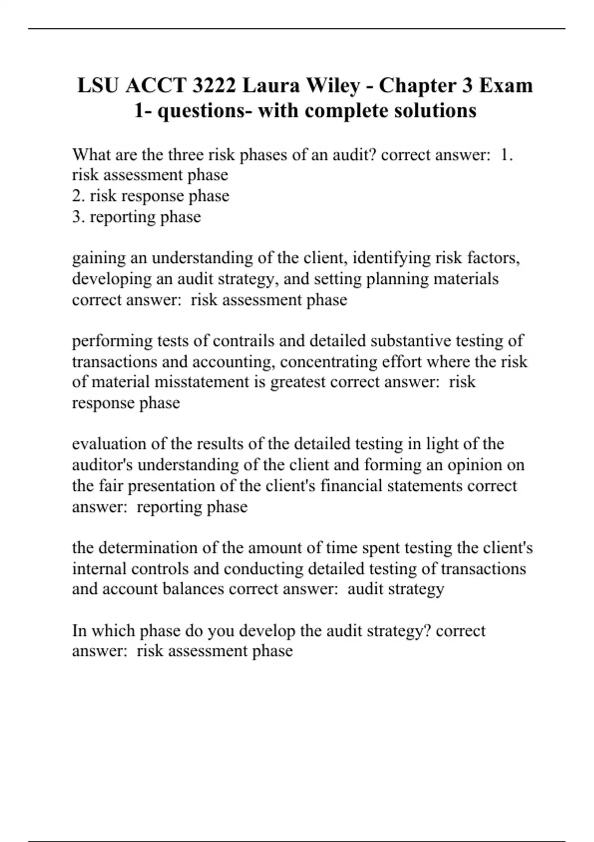 LSU ACCT 3222 Laura Wiley - Chapter 3 Exam 1- questions- with complete ...