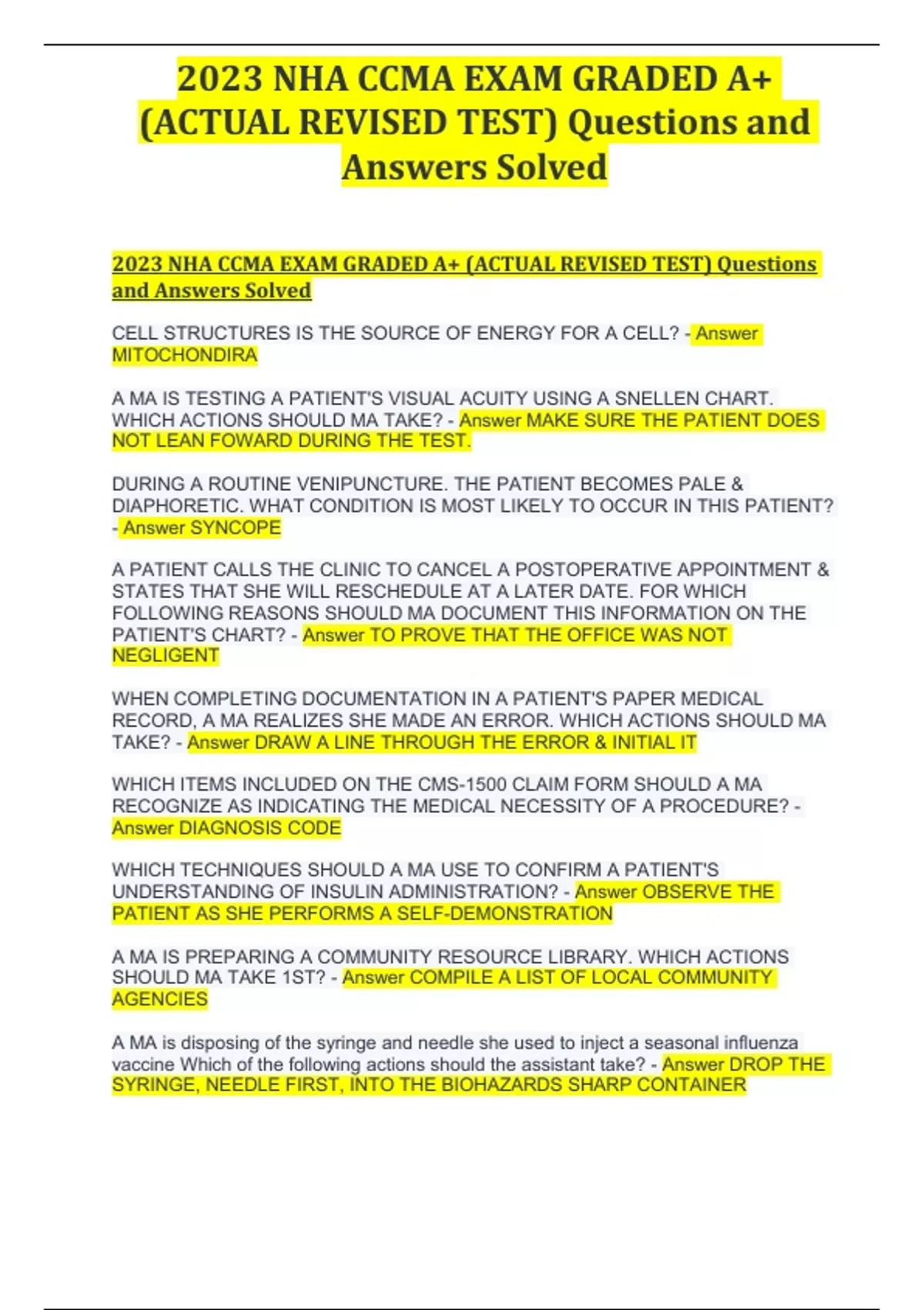 CCMA NHA STUDYGUIDE questions with correct verified answers 2025 ...