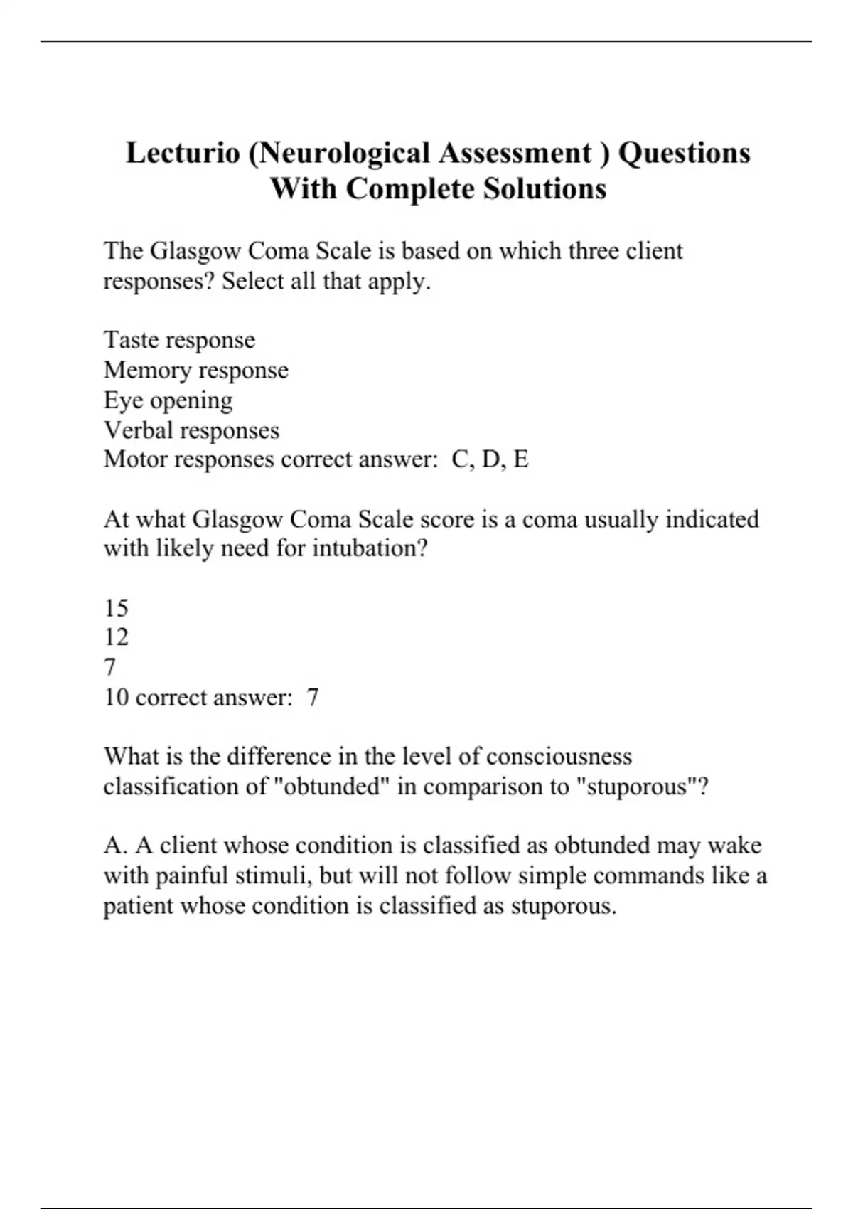 Lecturio (Neurological Assessment ) Questions With Complete Solutions ...