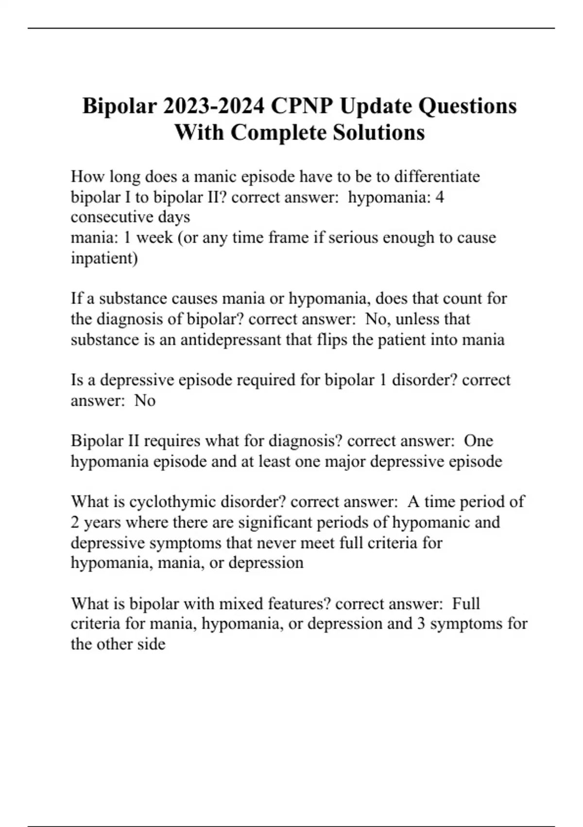 Bipolar CPNP Update Questions With Complete Solutions - CPNP - Stuvia US