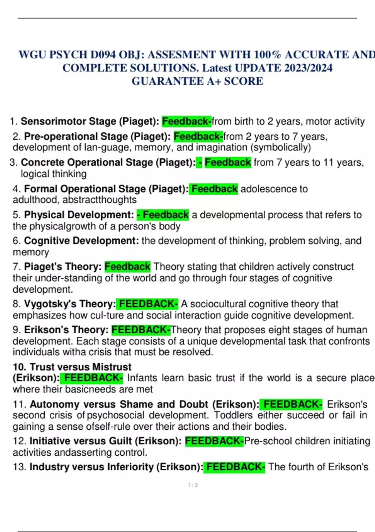 WGU PSYCH D094 OBJ: ASSESMENT WITH 100% ACCURATE AND COMPLETE SOLUTIONS ...