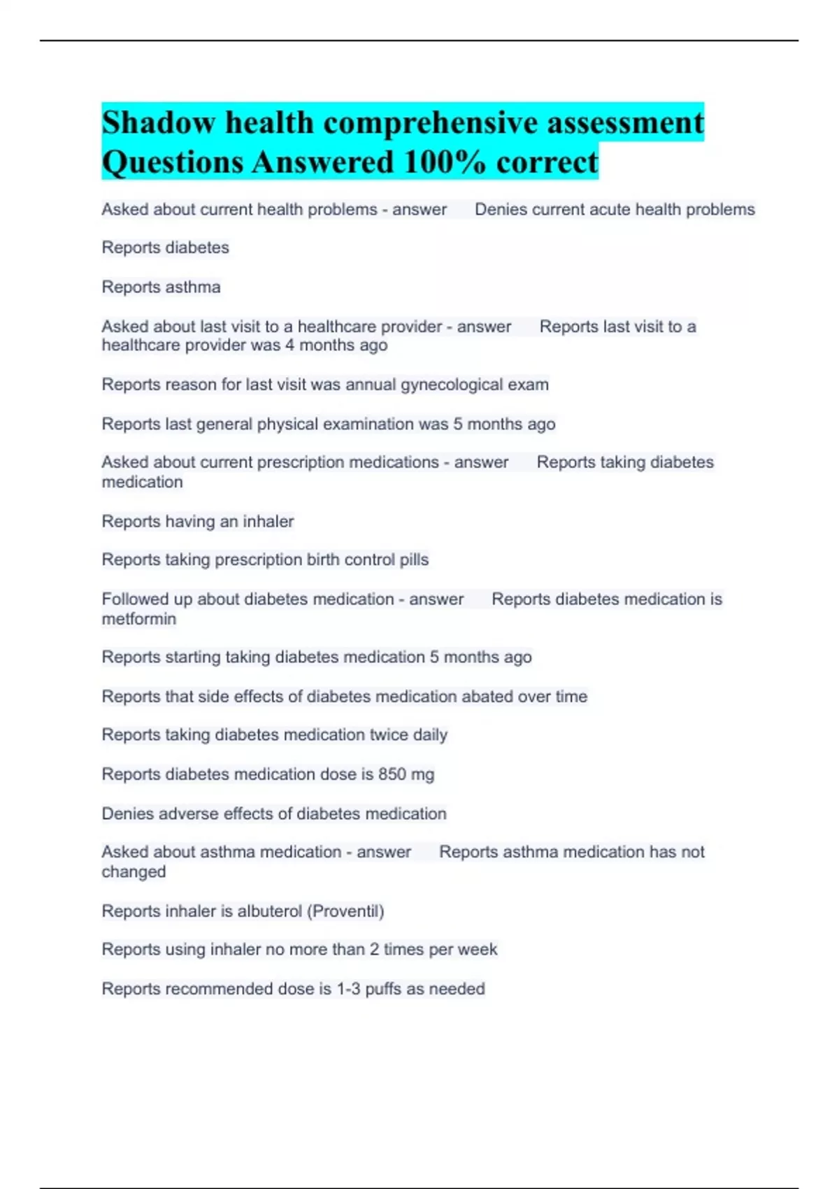 Shadow health comprehensive assessment Questions Answered 100% correct ...